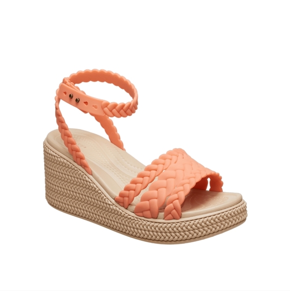 CROCS | Shoes | Crocs Brooklyn Woven Ankle Strap Wedges In Peach Tone ...